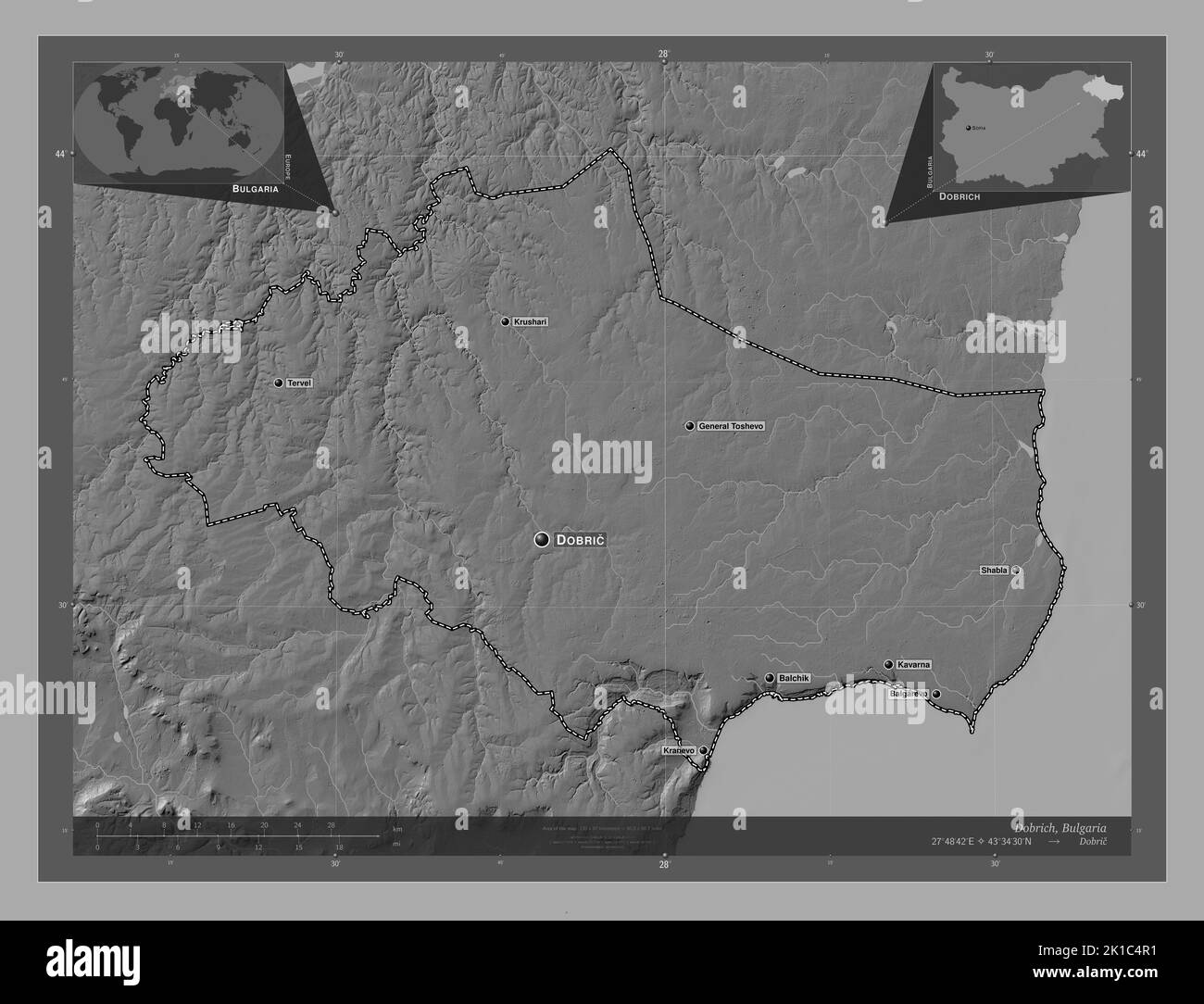 Dobrich, province of Bulgaria. Bilevel elevation map with lakes and ...