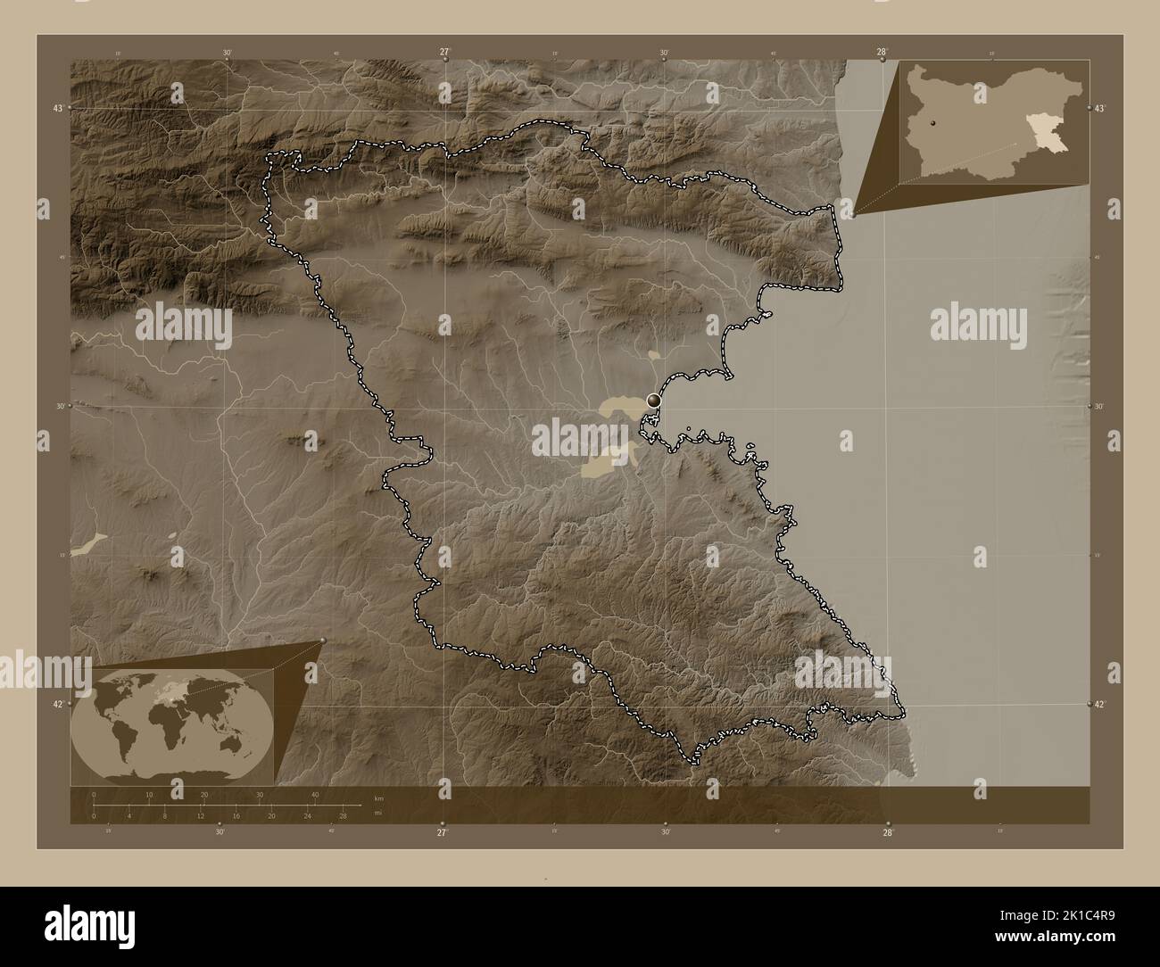 Burgas, province of Bulgaria. Elevation map colored in sepia tones with lakes and rivers. Corner ...