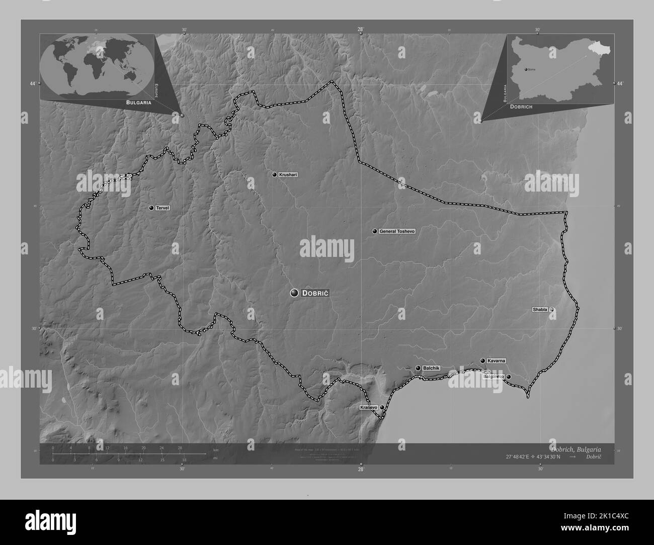 Dobrich, province of Bulgaria. Grayscale elevation map with lakes and ...