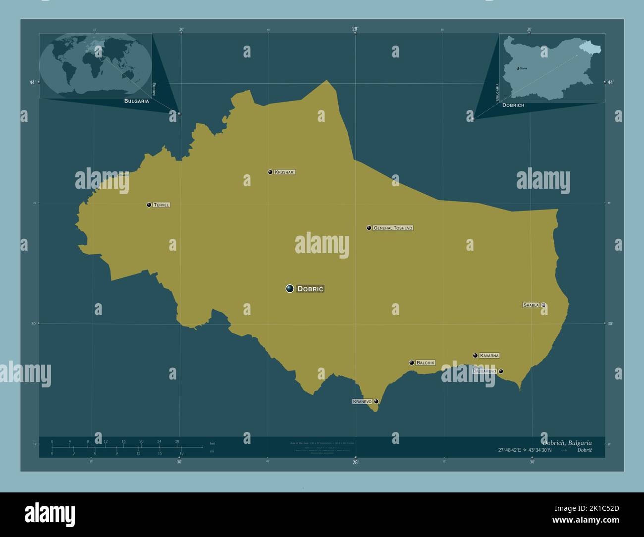 Dobrich, province of Bulgaria. Solid color shape. Locations and names ...