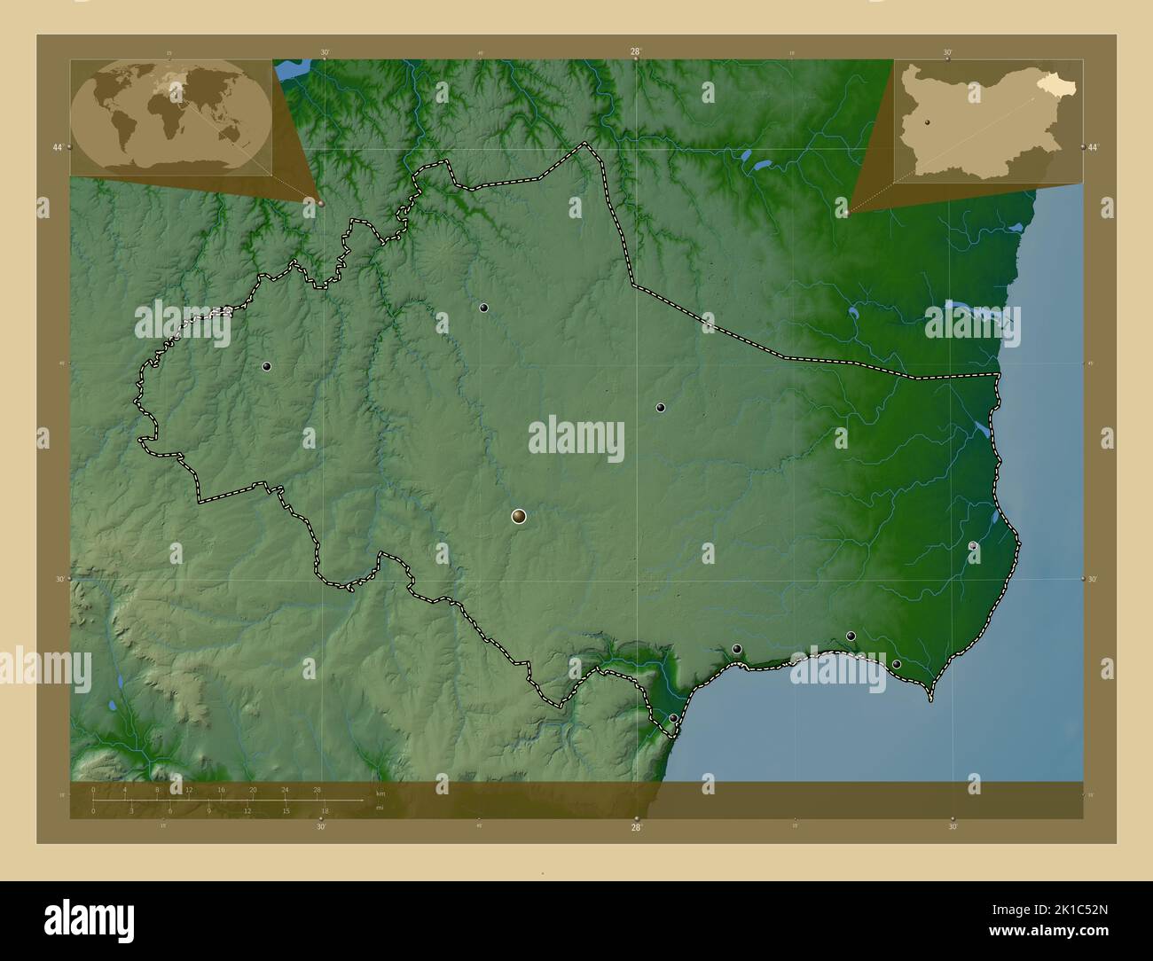Dobrich, province of Bulgaria. Colored elevation map with lakes and ...