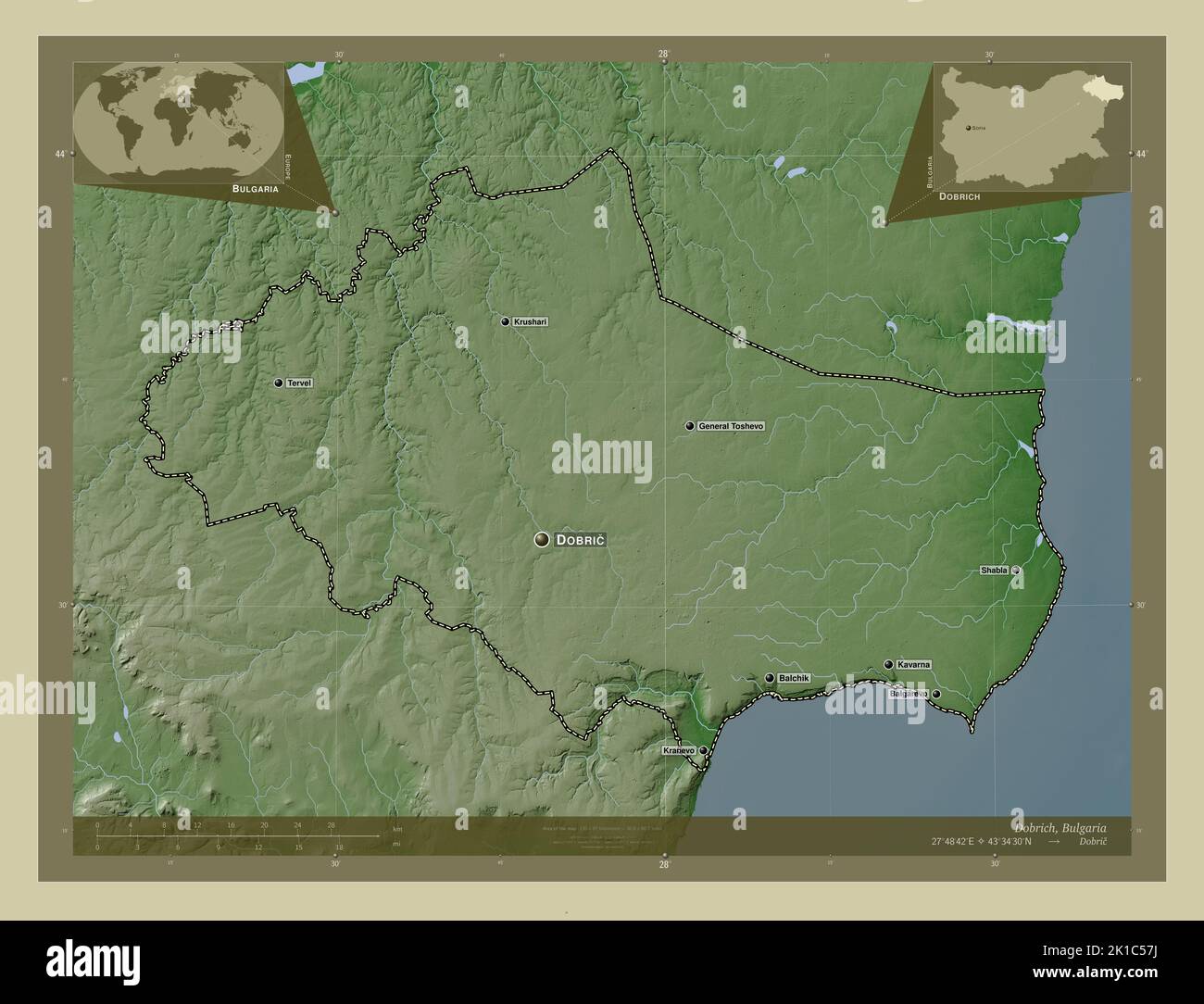 Dobrich, province of Bulgaria. Elevation map colored in wiki style with ...