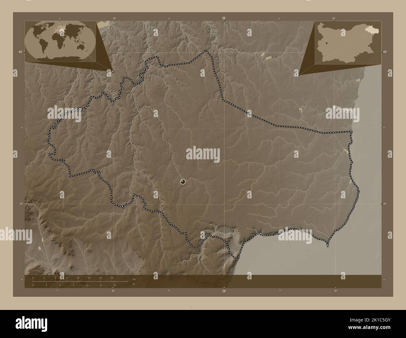Dobrich, province of Bulgaria. Elevation map colored in sepia tones ...
