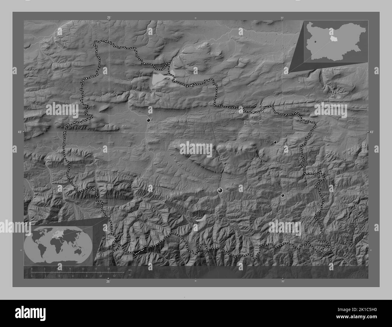 Gabrovo, province of Bulgaria. Grayscale elevation map with lakes and ...