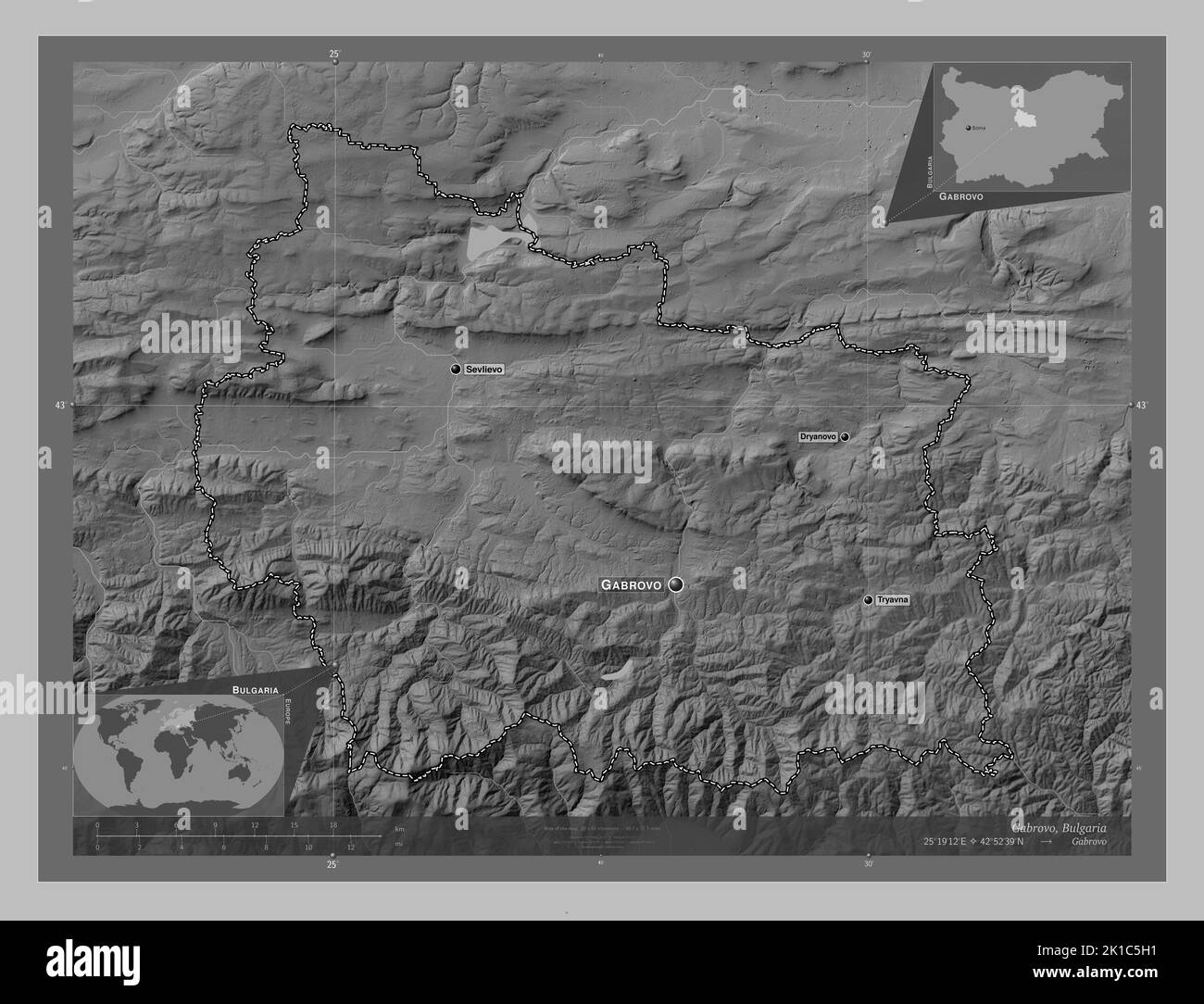 Gabrovo, province of Bulgaria. Grayscale elevation map with lakes and ...