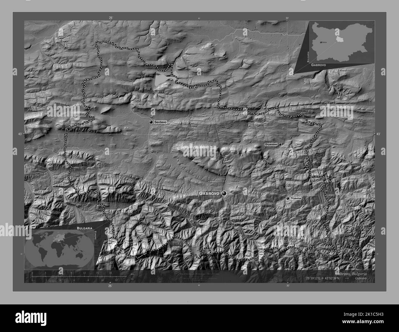 Gabrovo, province of Bulgaria. Bilevel elevation map with lakes and ...