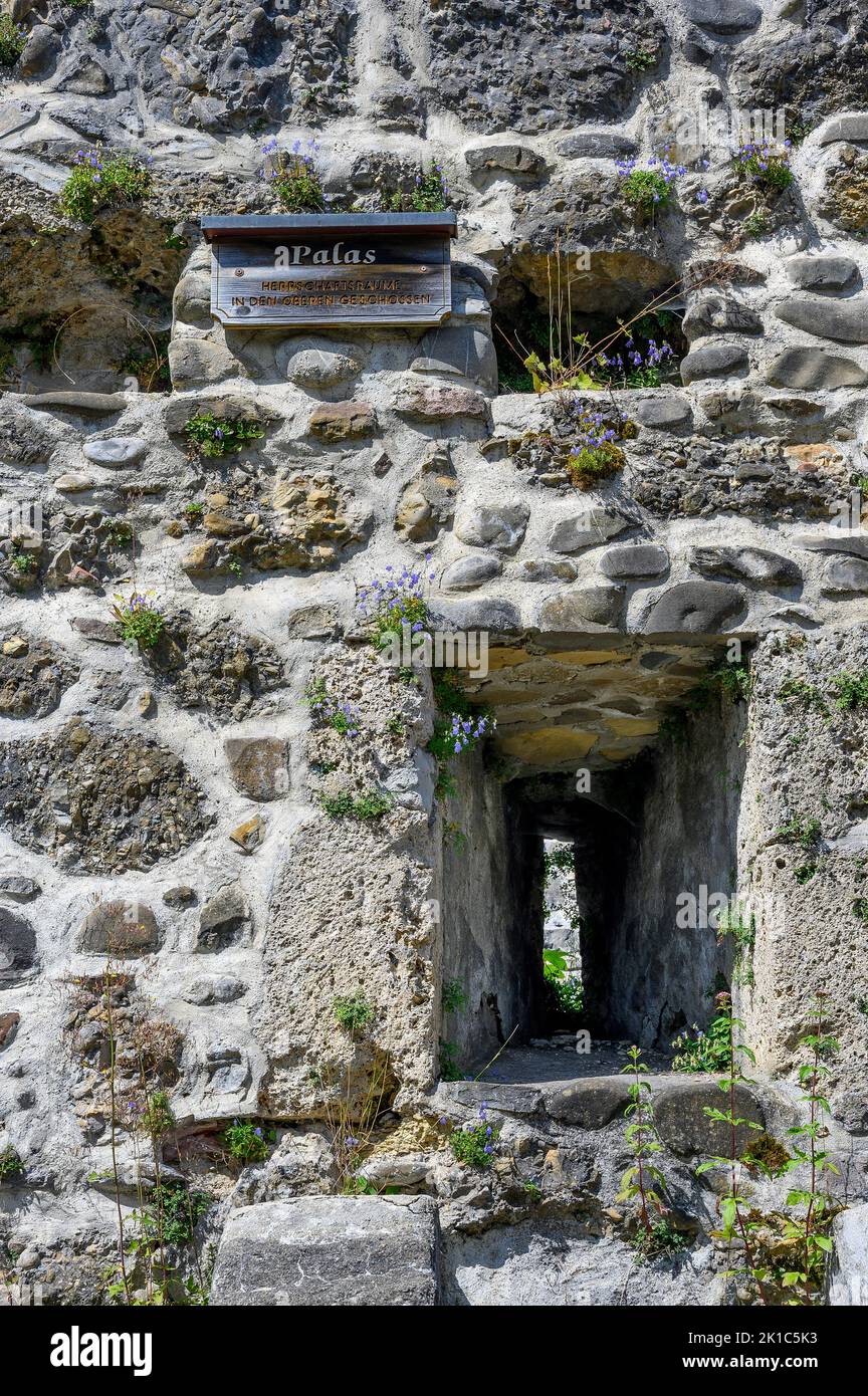Wall with embrasure and information board, Alt-Trauchburg castle ruins ...