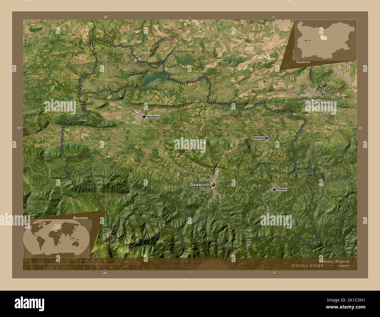 Gabrovo, province of Bulgaria. Low resolution satellite map. Locations ...