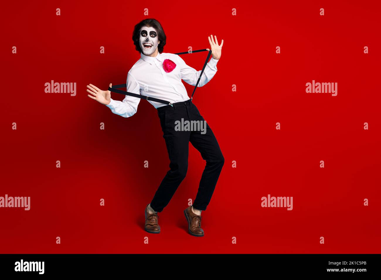 Full length body size view of his he handsome cheerful cheery comic ...