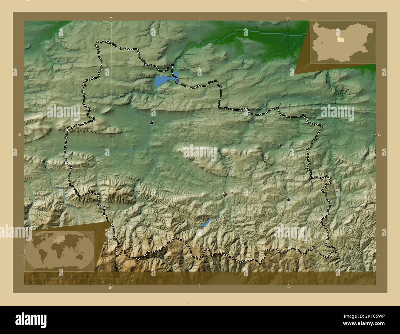 Gabrovo, province of Bulgaria. Colored elevation map with lakes and ...