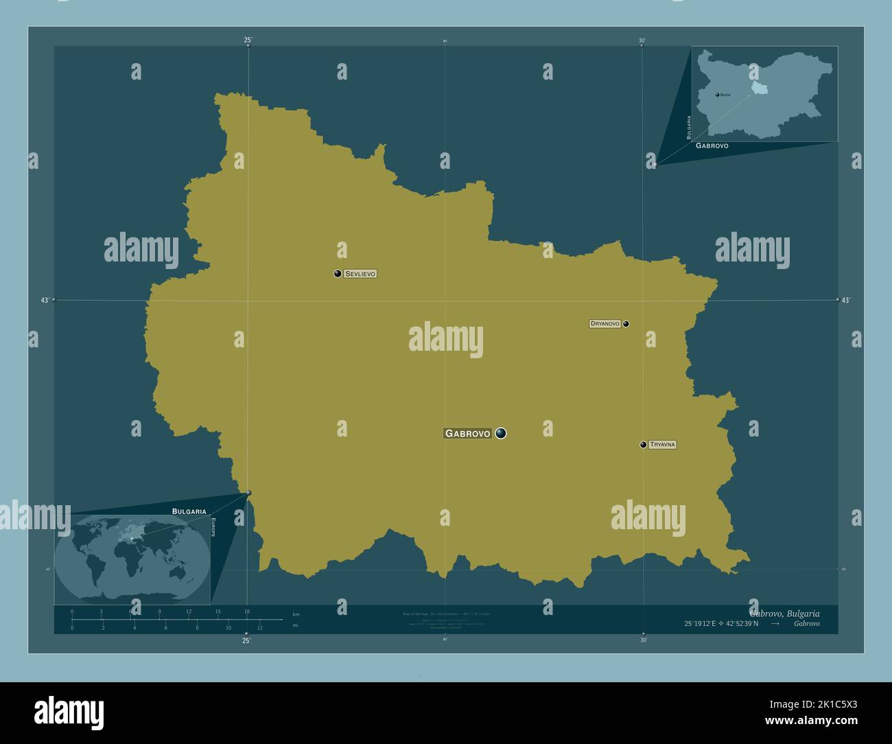 Gabrovo, province of Bulgaria. Solid color shape. Locations and names ...