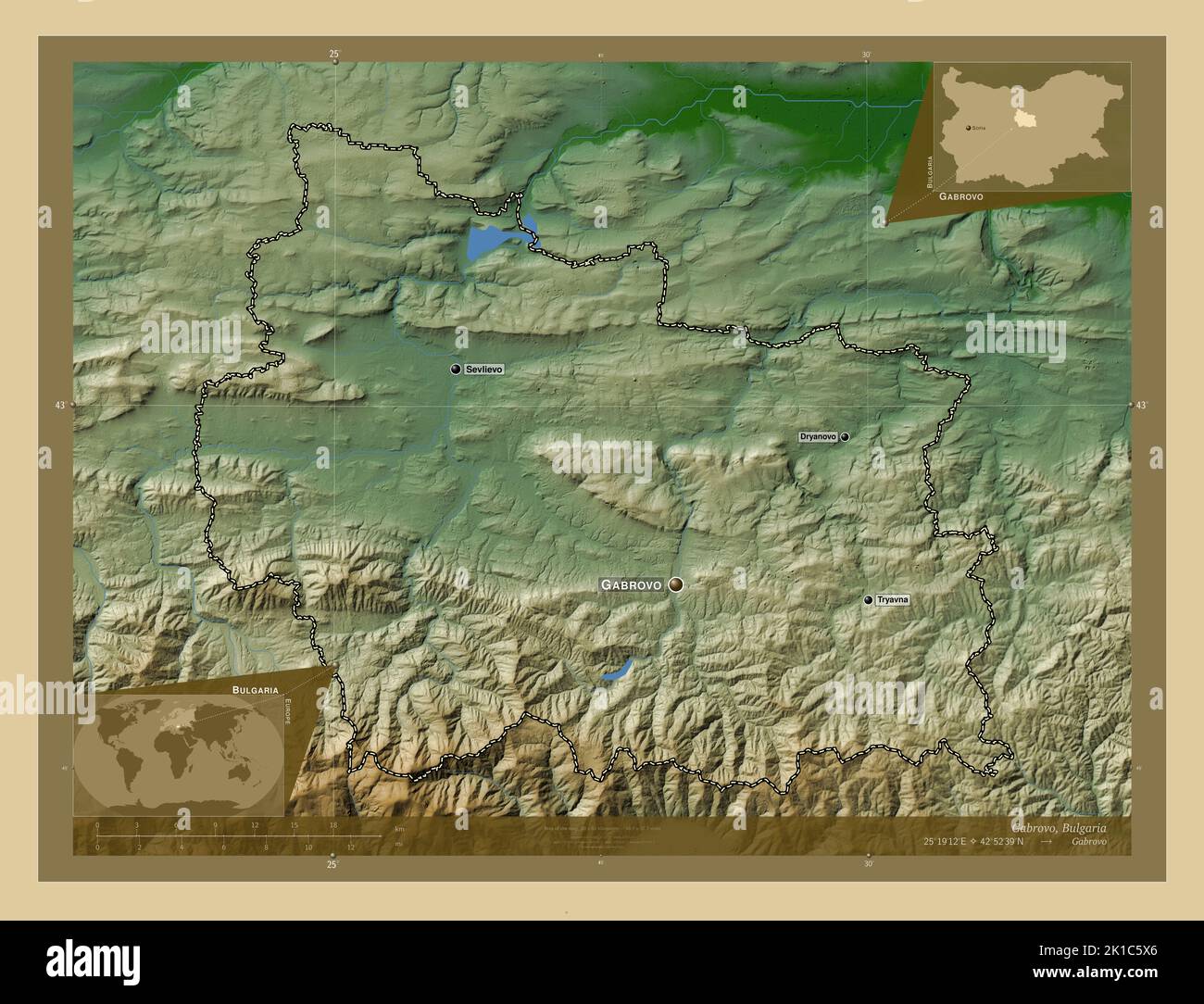 Gabrovo, province of Bulgaria. Colored elevation map with lakes and ...