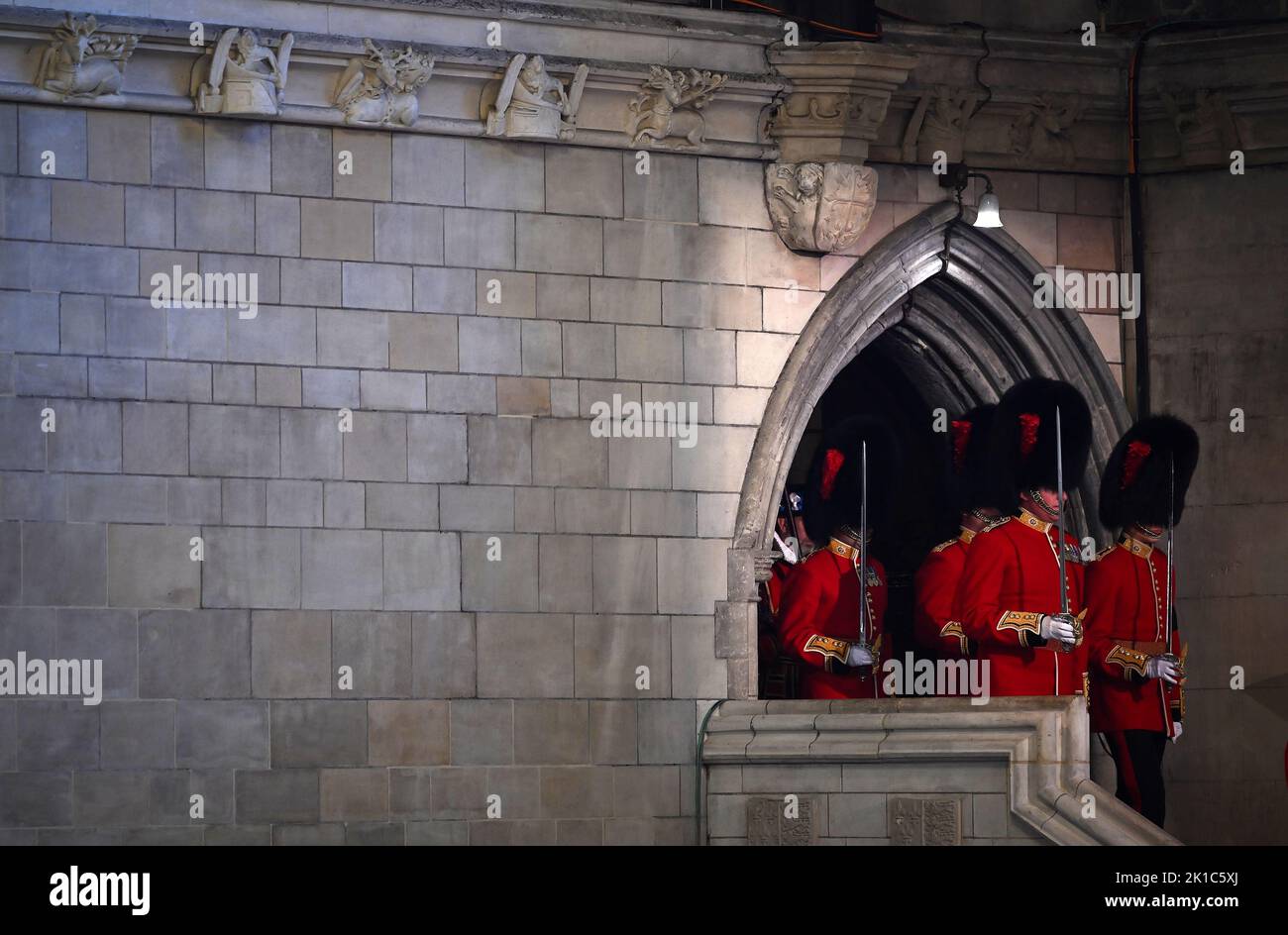 Members of the King's Bodyguard from the Coldstream Guards arrive to ...