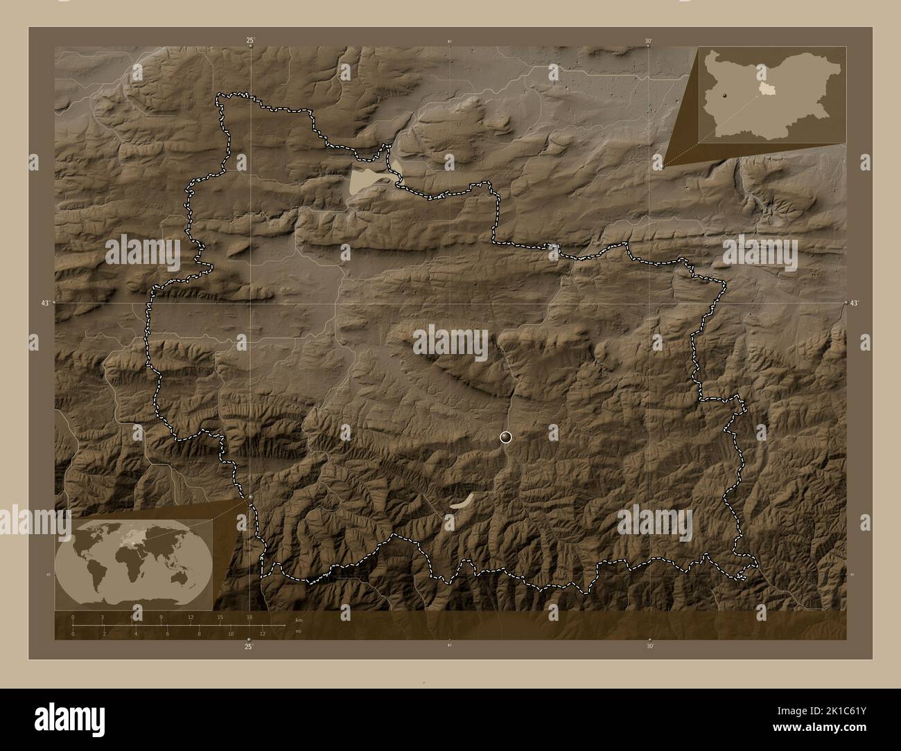 Gabrovo, province of Bulgaria. Elevation map colored in sepia tones ...