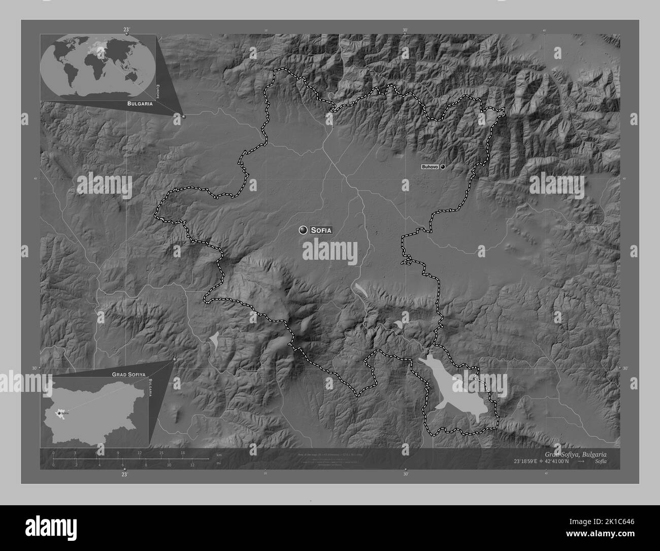 Grad Sofiya, province of Bulgaria. Grayscale elevation map with lakes ...
