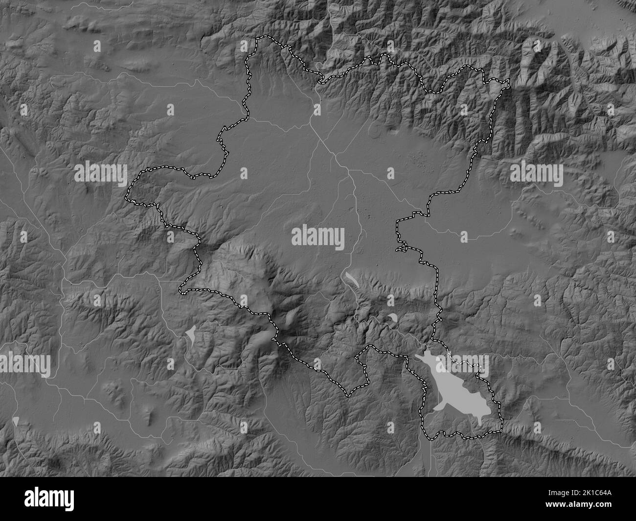 Grad Sofiya, province of Bulgaria. Grayscale elevation map with lakes ...