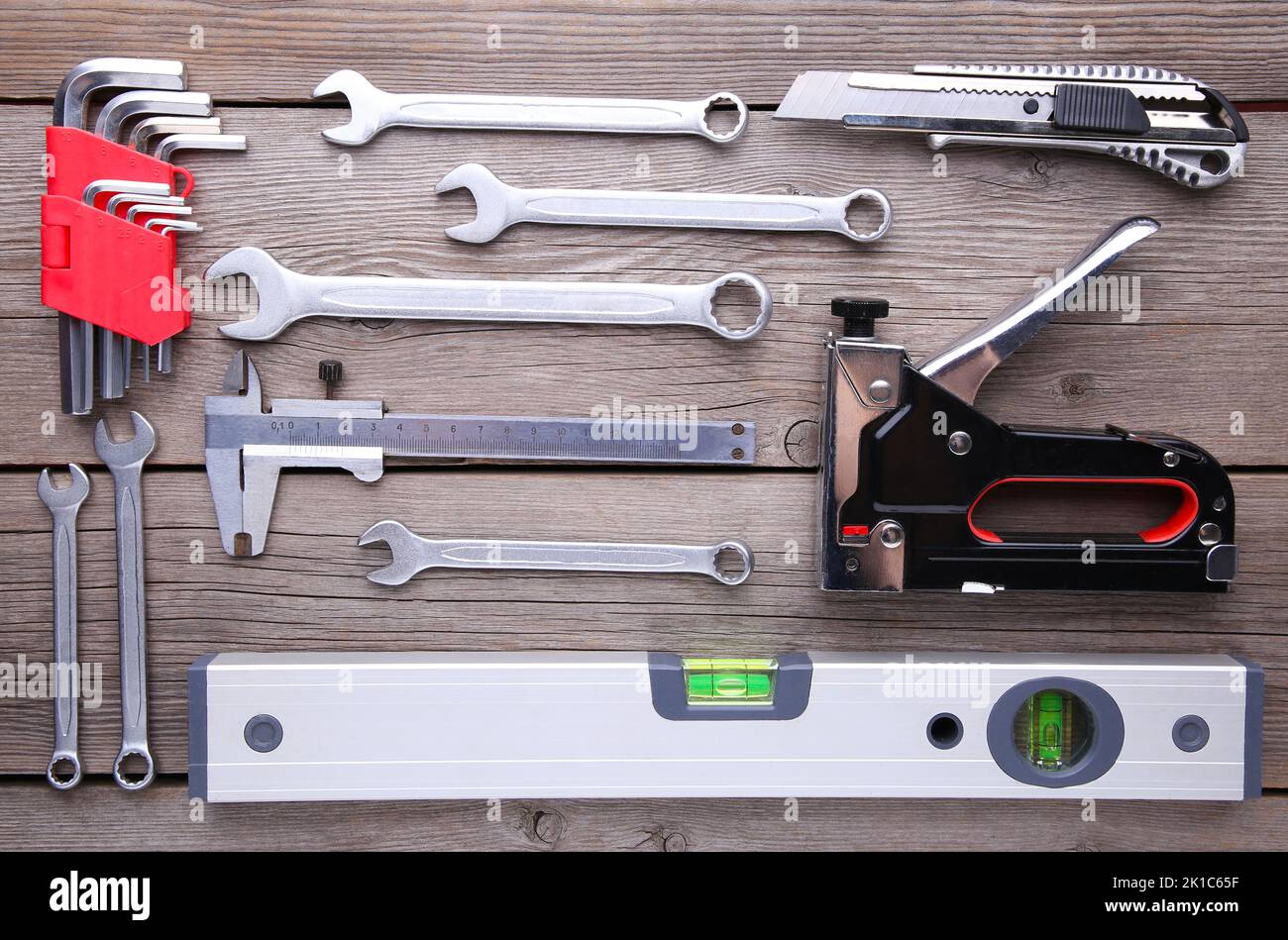 Construction tools on a worker desk, top view Stock Photo - Alamy