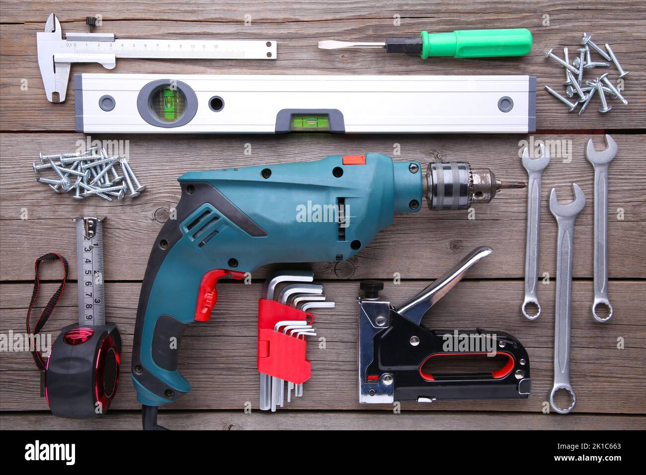 Construction tools on a worker desk, top view Stock Photo - Alamy