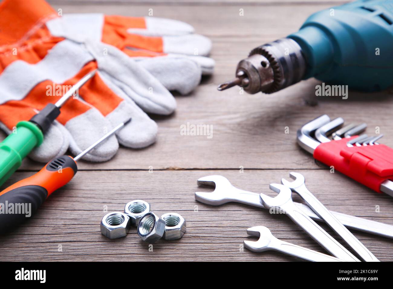 Construction tools on a worker desk, top view Stock Photo - Alamy