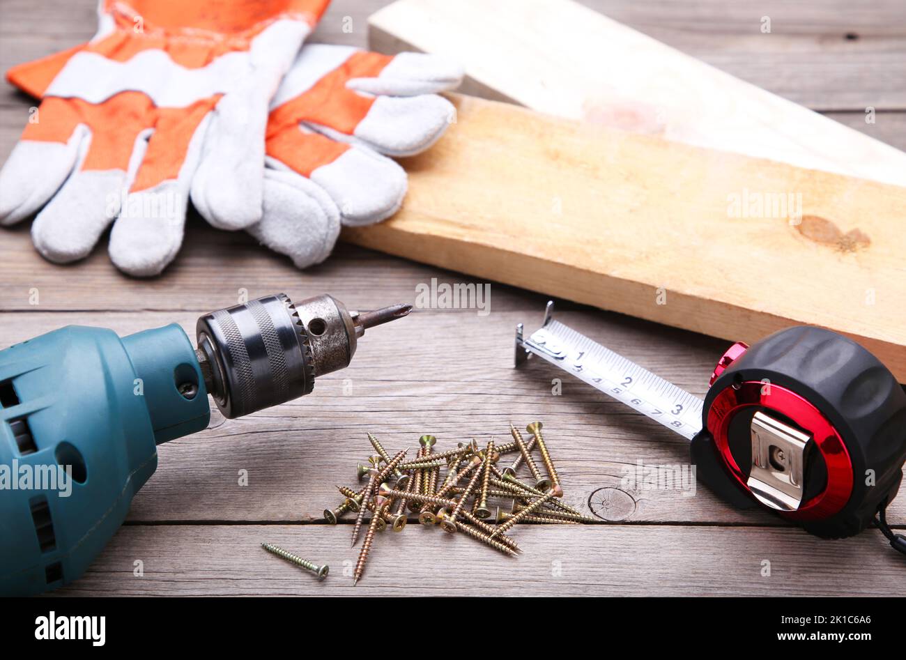 Construction tools on a worker desk, top view Stock Photo - Alamy