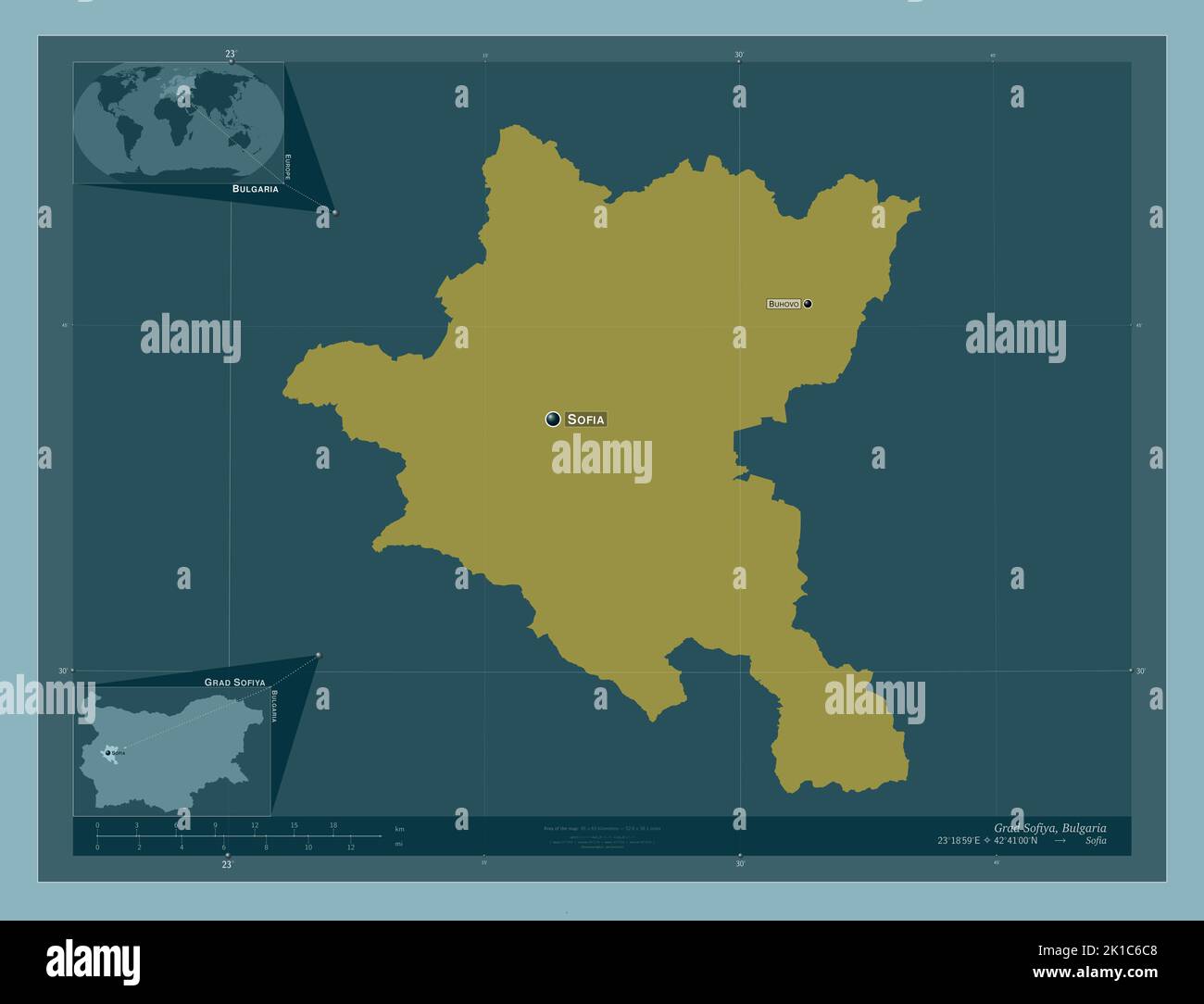 Grad Sofiya, province of Bulgaria. Solid color shape. Locations and ...