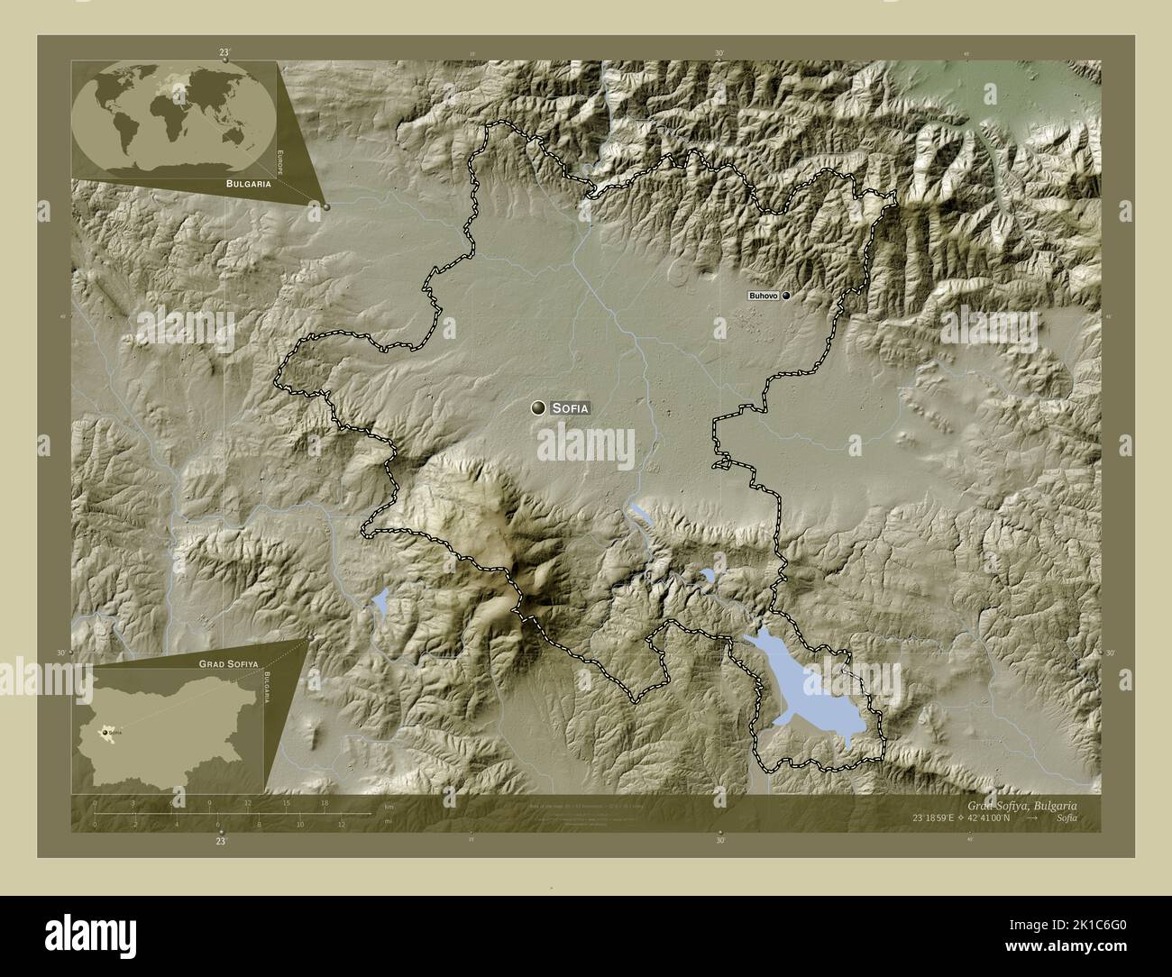 Grad Sofiya, province of Bulgaria. Elevation map colored in wiki style ...