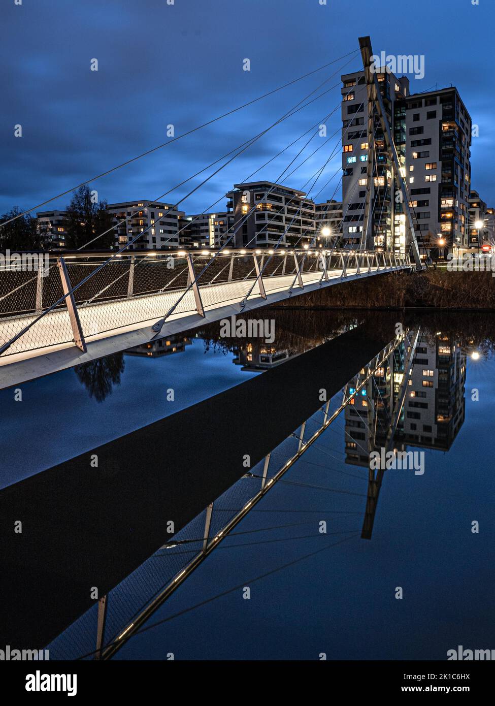 Bridge with reflection at night to Boeblingen airfield, Germany Stock ...