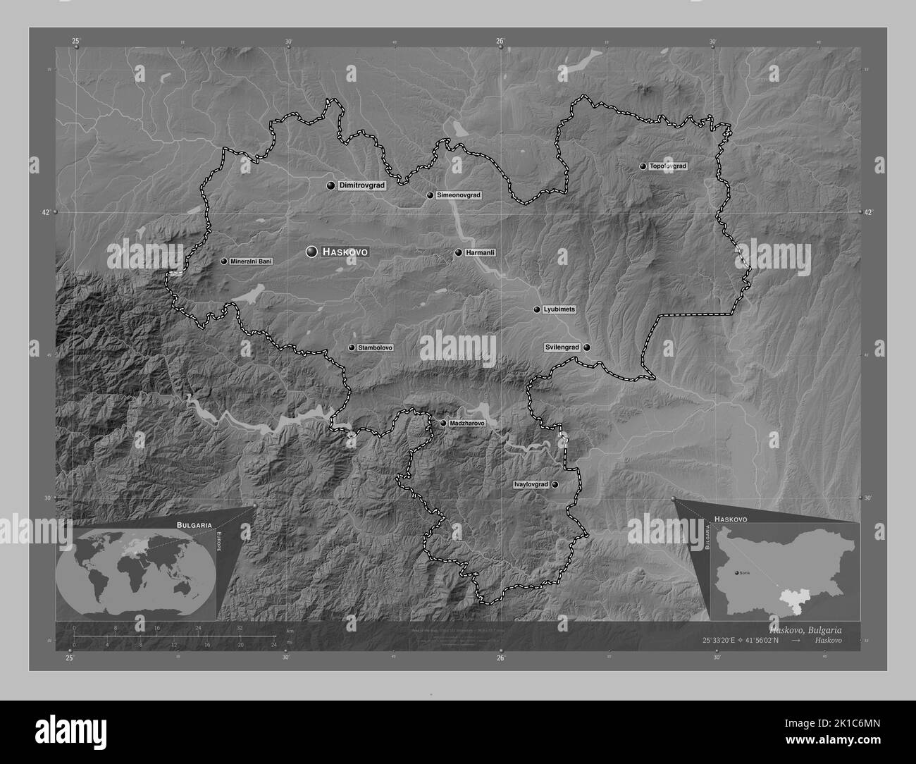 Haskovo, province of Bulgaria. Grayscale elevation map with lakes and ...