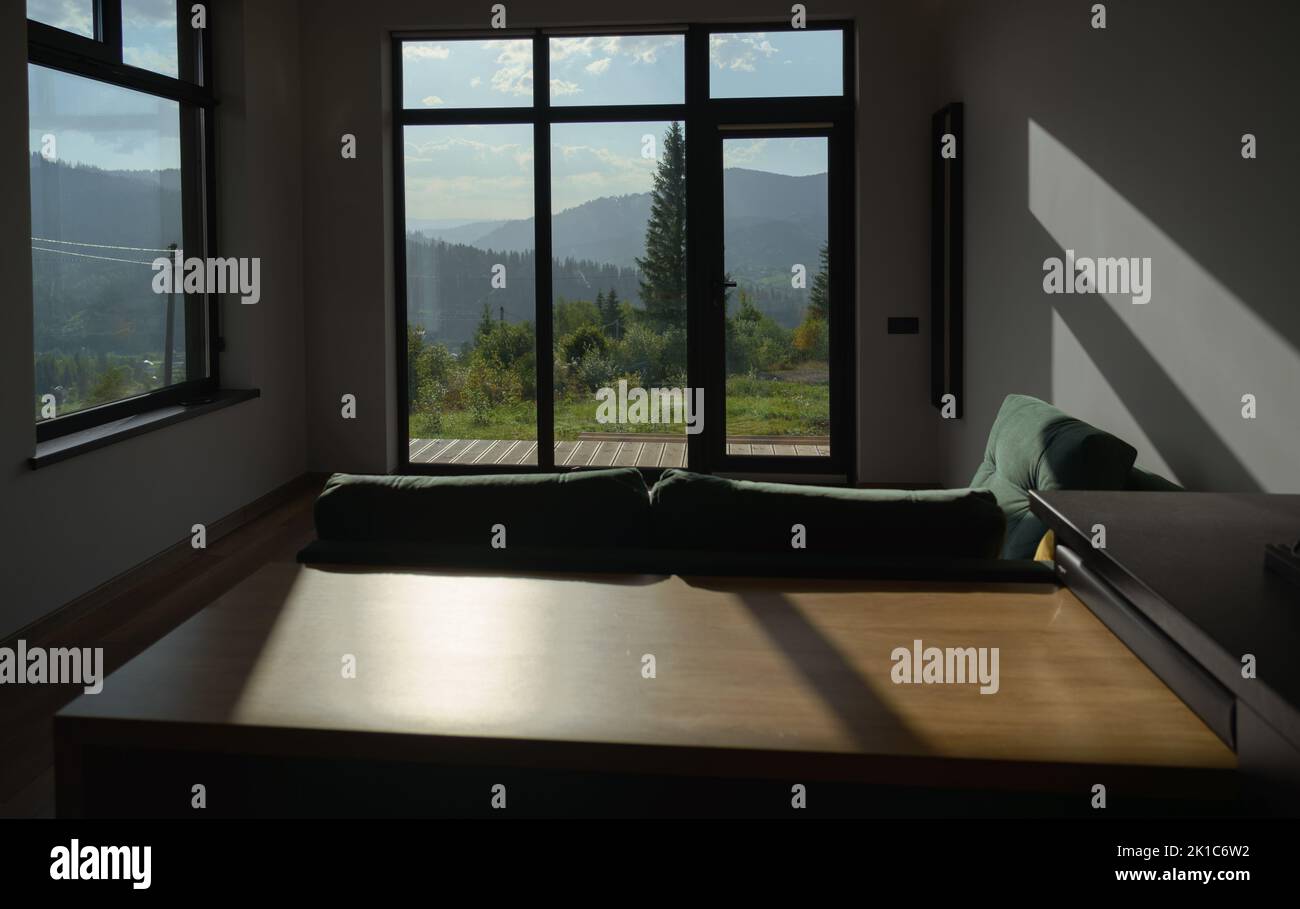 Beautiful mountain view from modern house with big windows Stock Photo ...