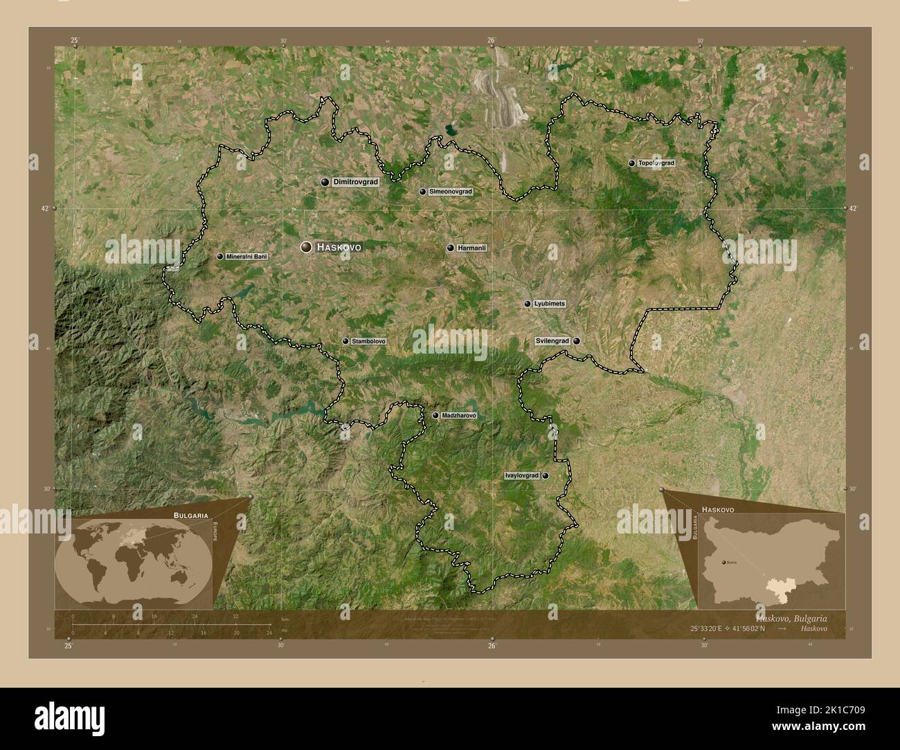 Haskovo, province of Bulgaria. Low resolution satellite map. Locations ...