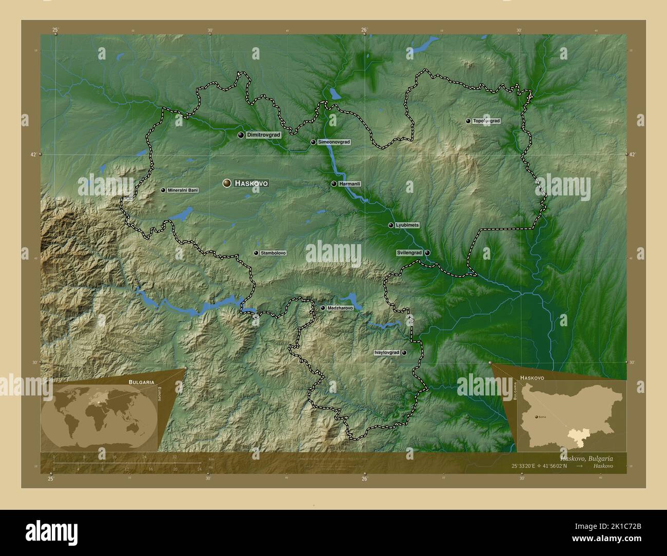 Haskovo, province of Bulgaria. Colored elevation map with lakes and ...