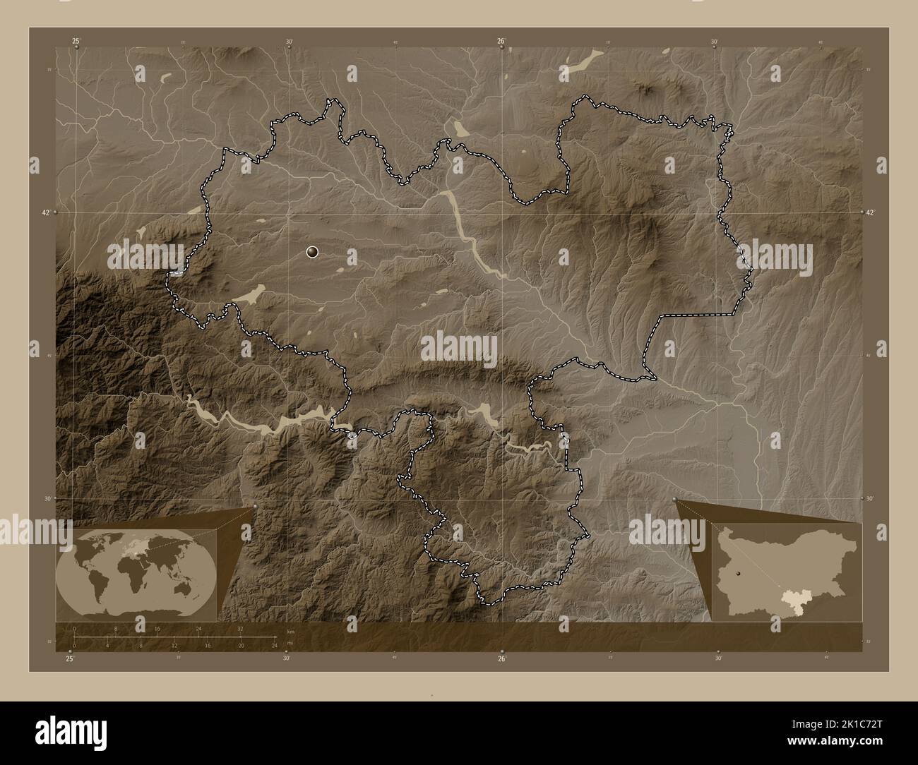 Haskovo, province of Bulgaria. Elevation map colored in sepia tones with lakes and rivers ...