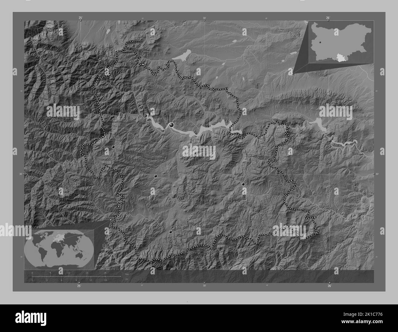 Kardzhali, province of Bulgaria. Grayscale elevation map with lakes and ...