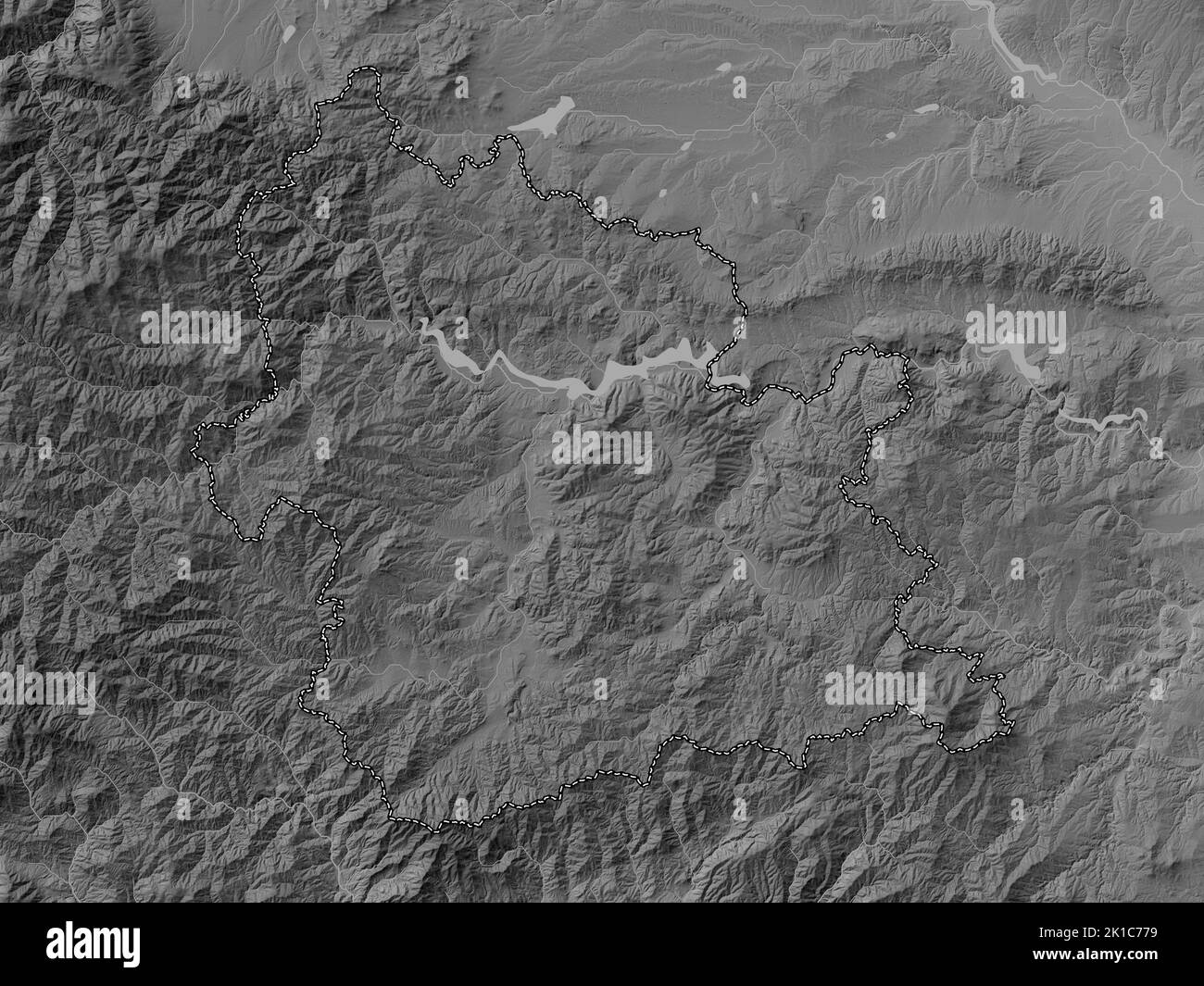 Kardzhali, province of Bulgaria. Grayscale elevation map with lakes and ...