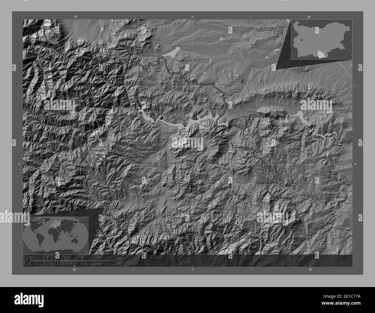 Kardzhali, province of Bulgaria. Bilevel elevation map with lakes and ...