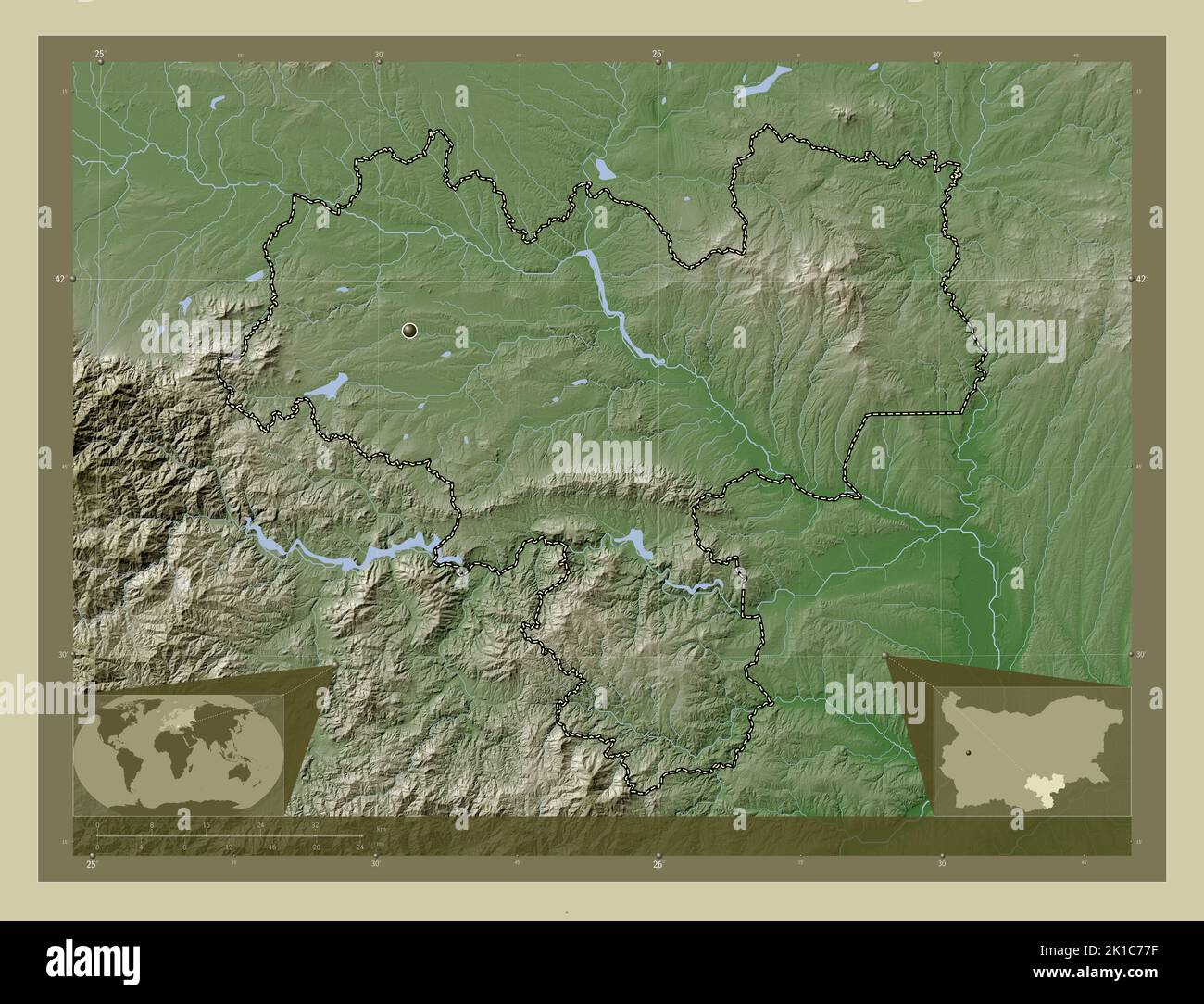 Haskovo, province of Bulgaria. Elevation map colored in wiki style with lakes and rivers. Corner ...