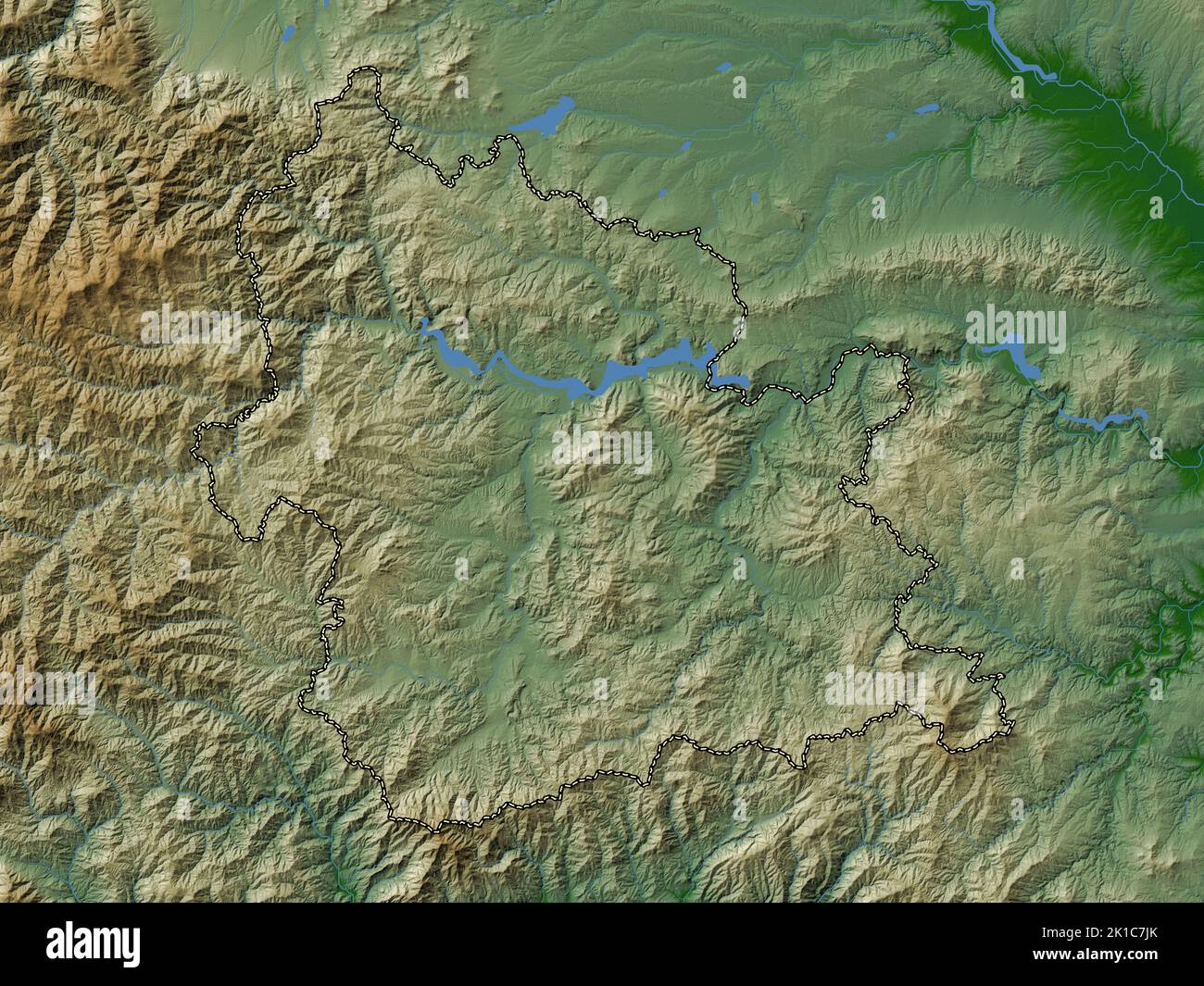 Kardzhali, province of Bulgaria. Colored elevation map with lakes and ...