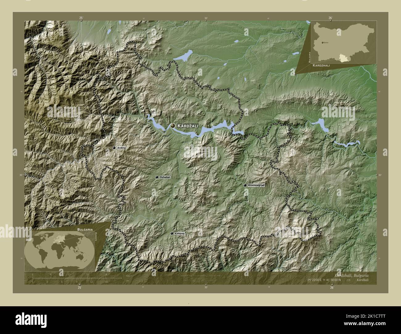Kardzhali, province of Bulgaria. Elevation map colored in wiki style ...