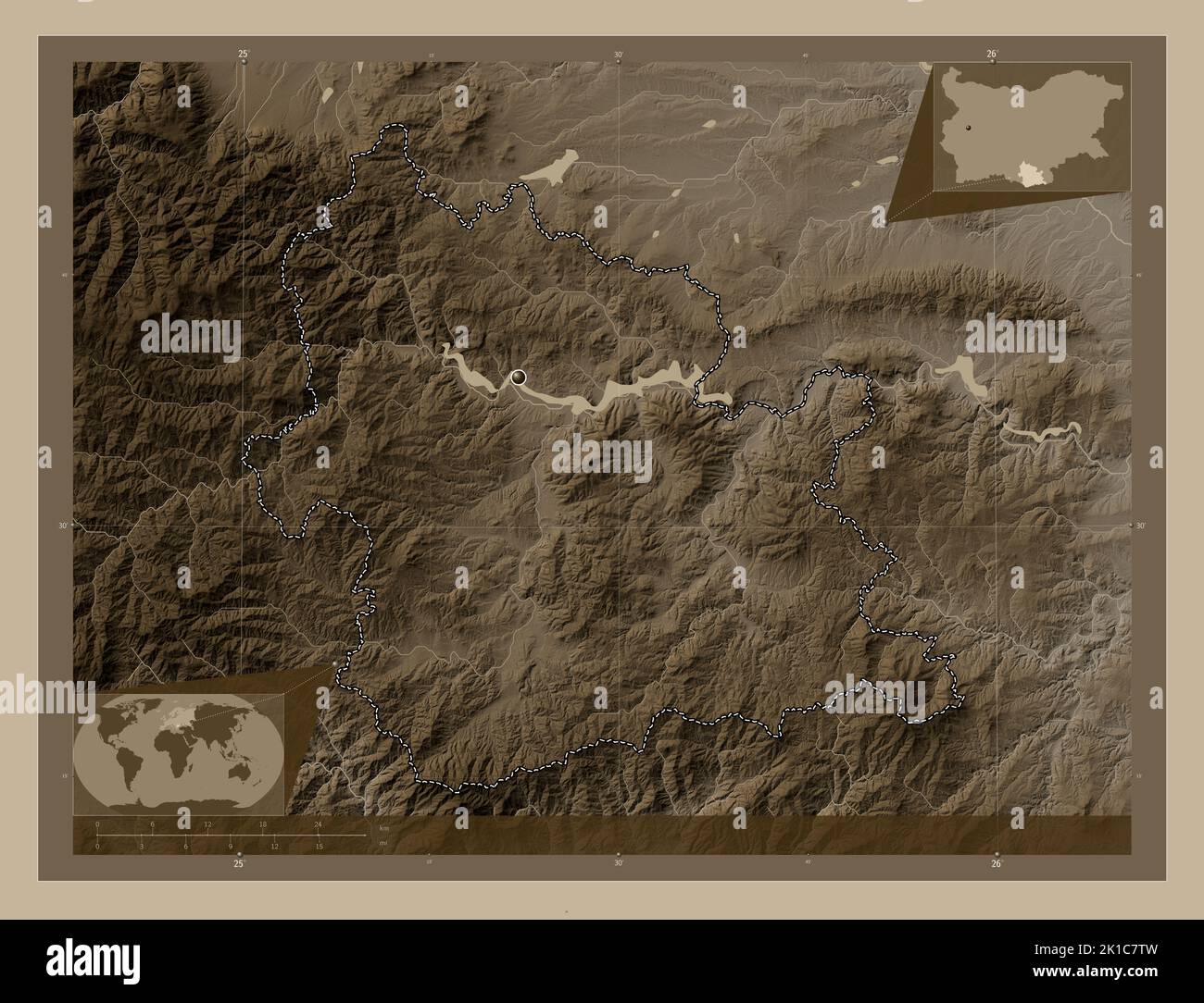Kardzhali, province of Bulgaria. Elevation map colored in sepia tones ...