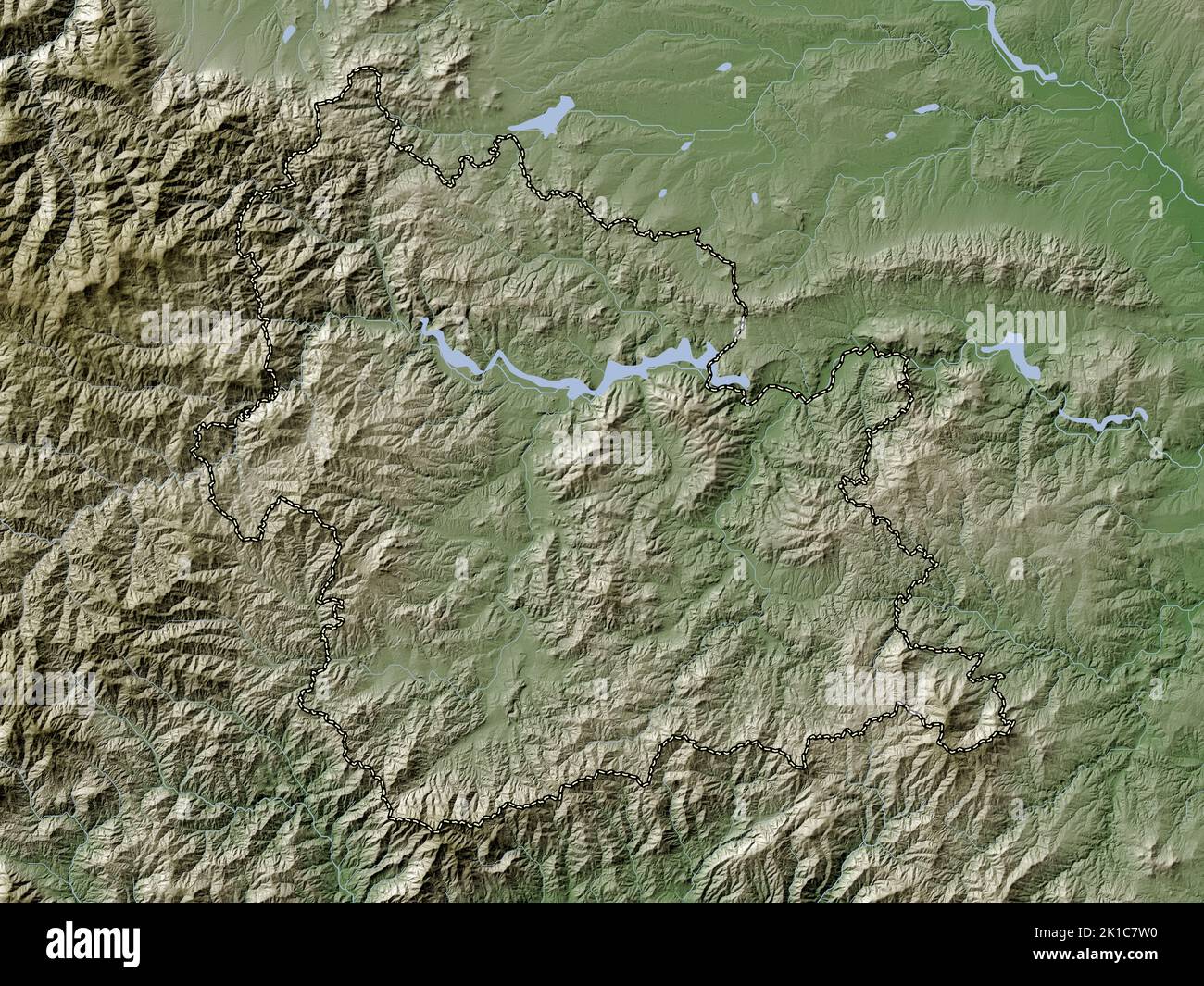 Kardzhali, province of Bulgaria. Elevation map colored in wiki style with lakes and rivers Stock ...