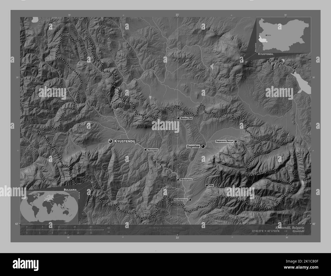 Kyustendil, province of Bulgaria. Grayscale elevation map with lakes ...