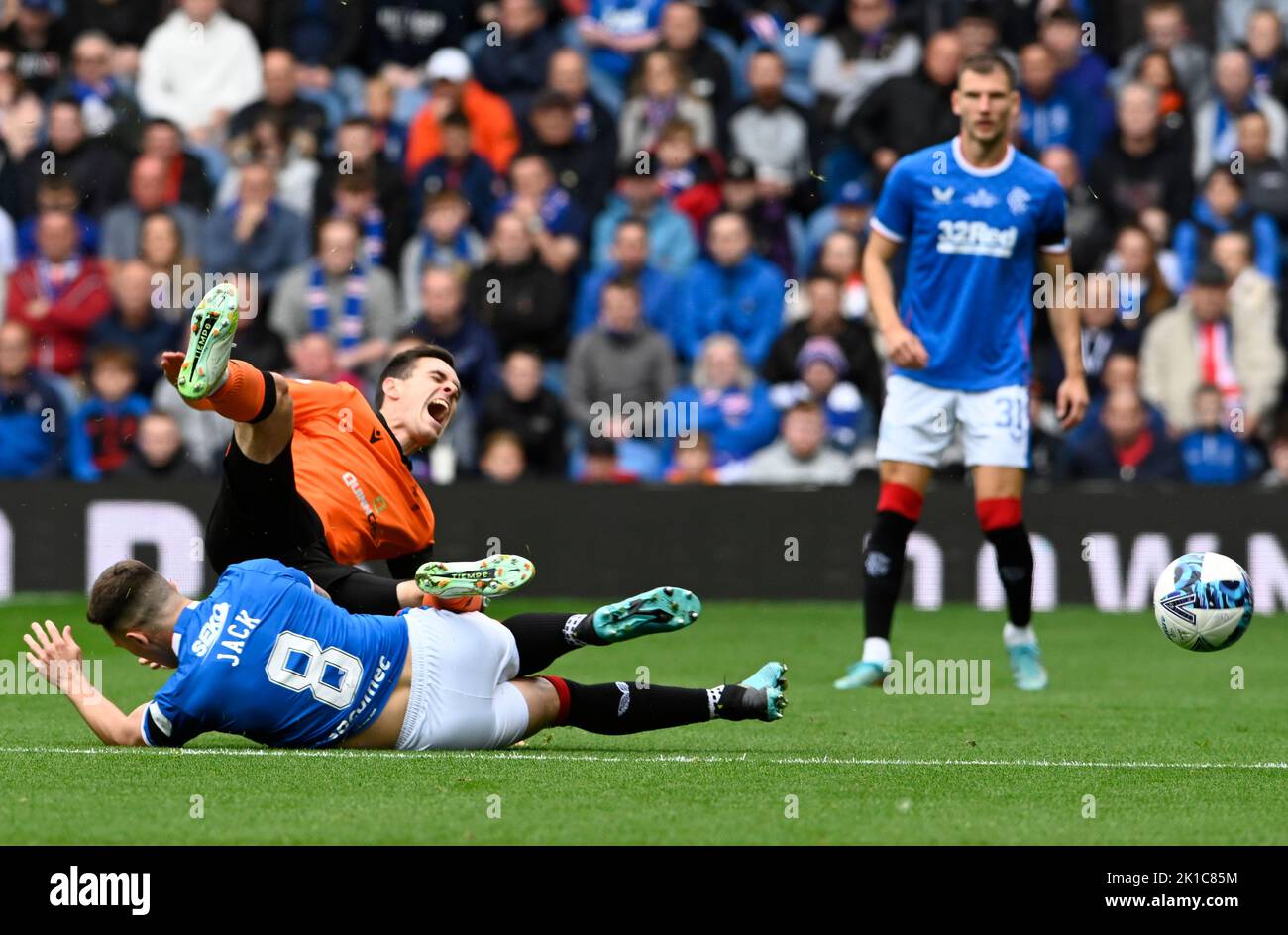 Glasgow, UK. 17th September 2022. Ryan Jack of Rangers and Dylan Levitt ...
