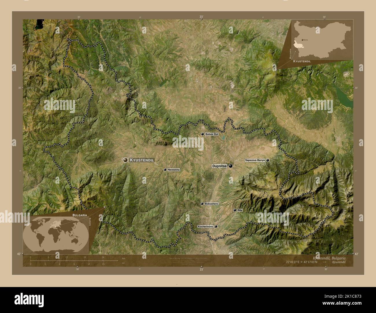 Kyustendil, province of Bulgaria. Low resolution satellite map ...