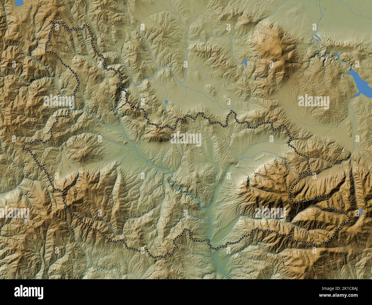 Kyustendil, province of Bulgaria. Colored elevation map with lakes and ...
