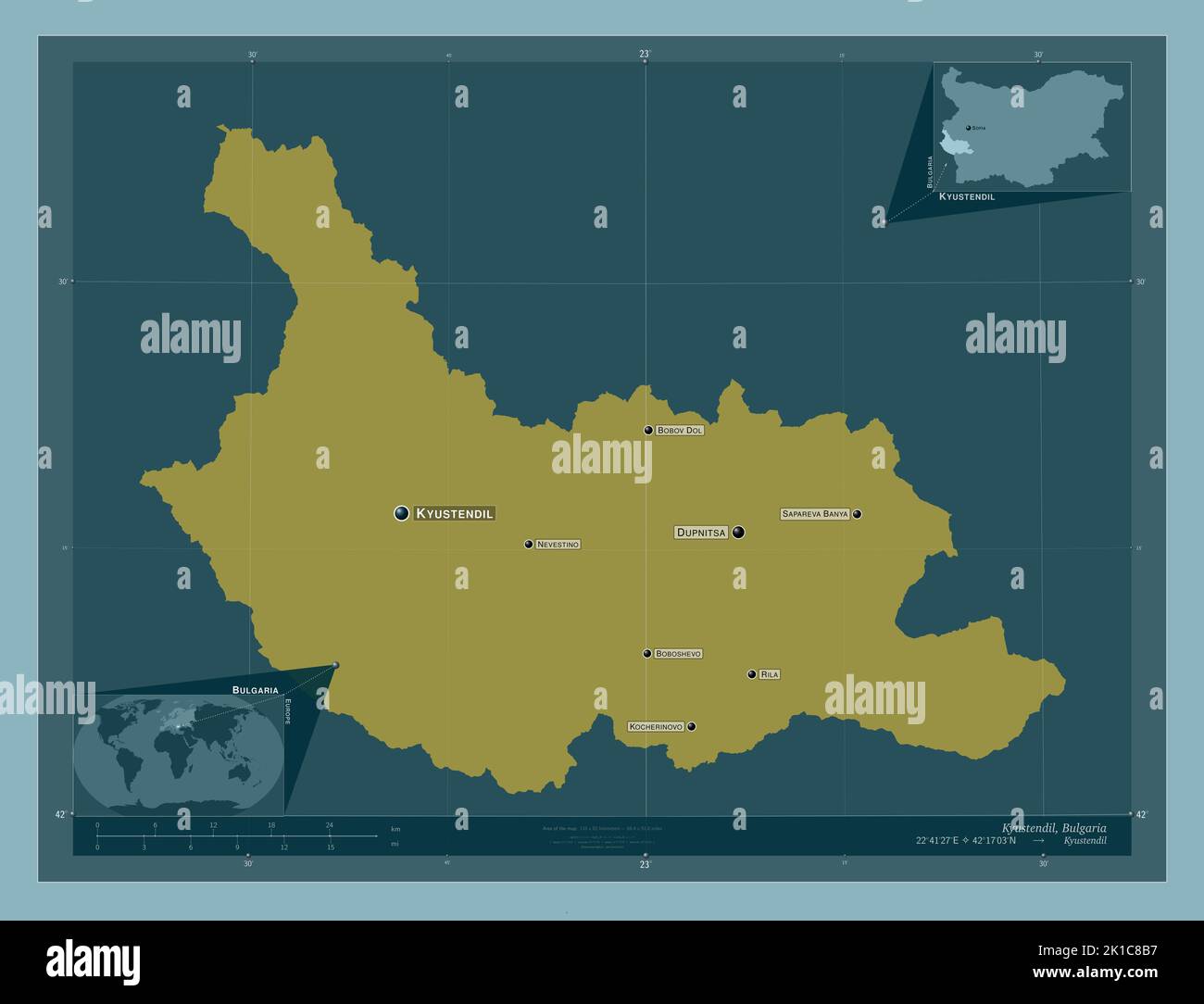 Kyustendil, province of Bulgaria. Solid color shape. Locations and ...