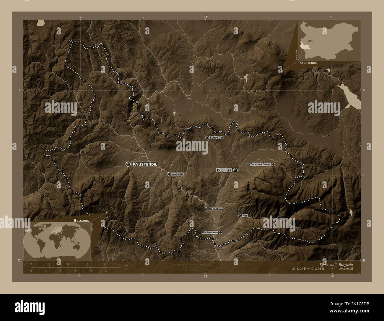 Kyustendil, province of Bulgaria. Elevation map colored in sepia tones ...