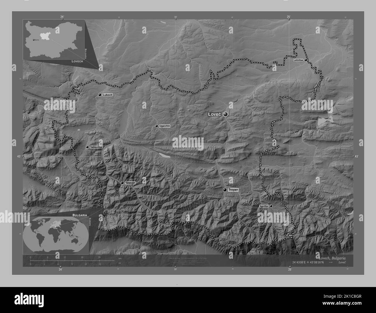 Lovech, province of Bulgaria. Grayscale elevation map with lakes and ...