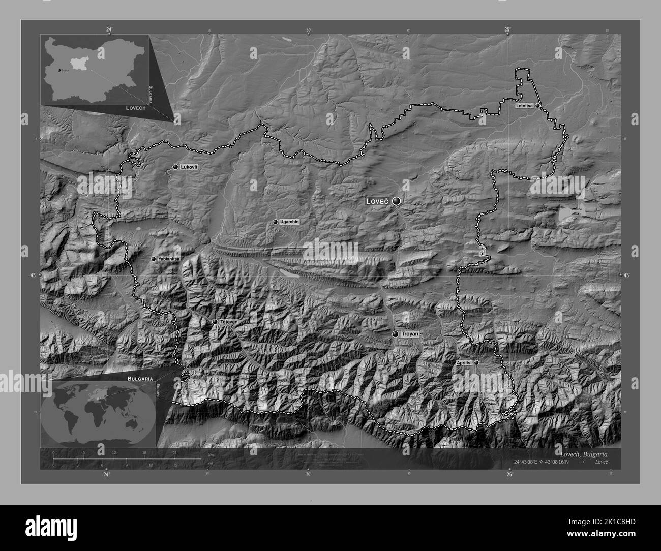 Lovech, province of Bulgaria. Bilevel elevation map with lakes and ...
