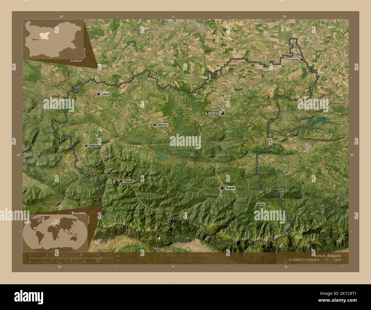 Lovech, province of Bulgaria. Low resolution satellite map. Locations ...