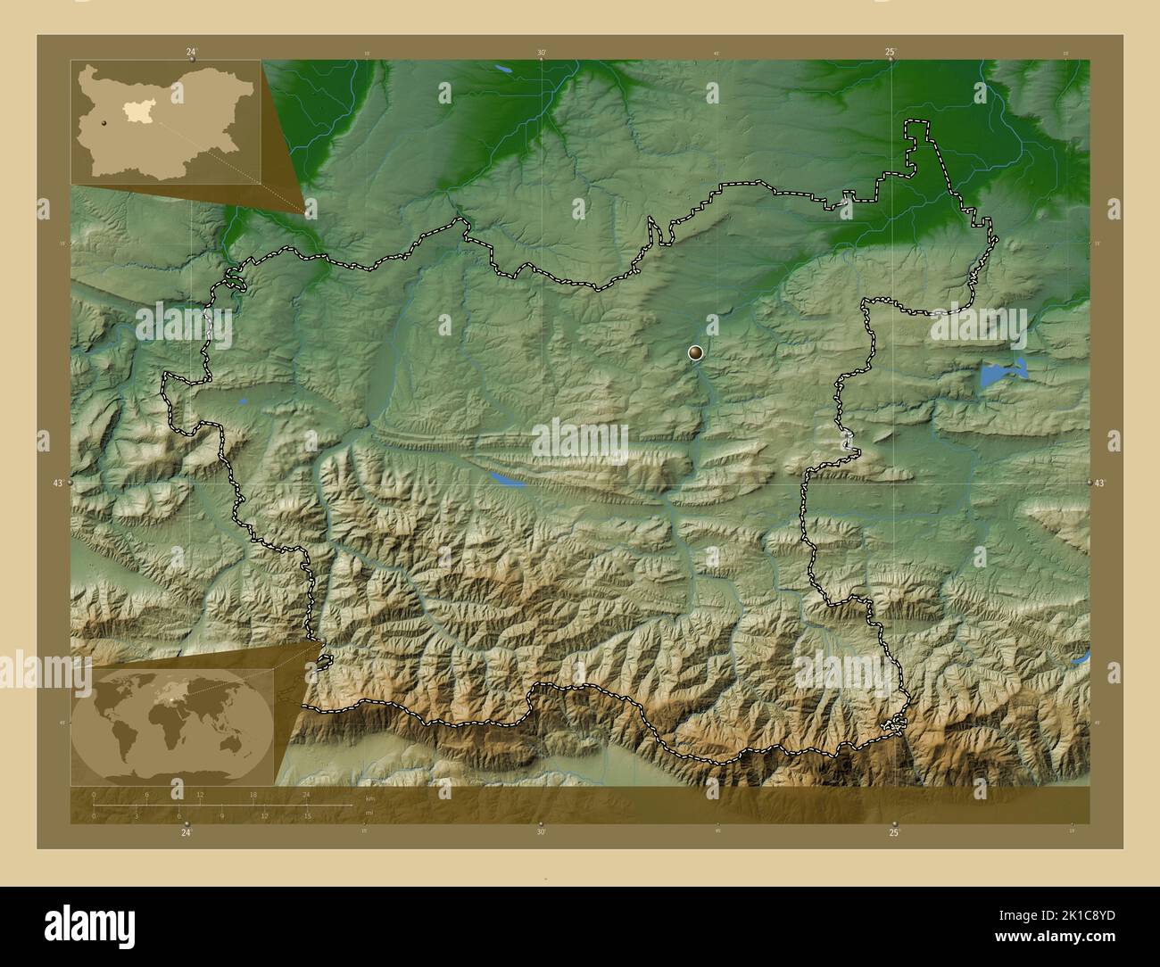 Lovech, province of Bulgaria. Colored elevation map with lakes and ...